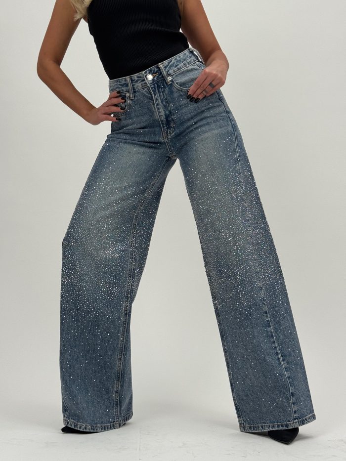 Jeans | Blug wide leg albastru cu ștrasuri