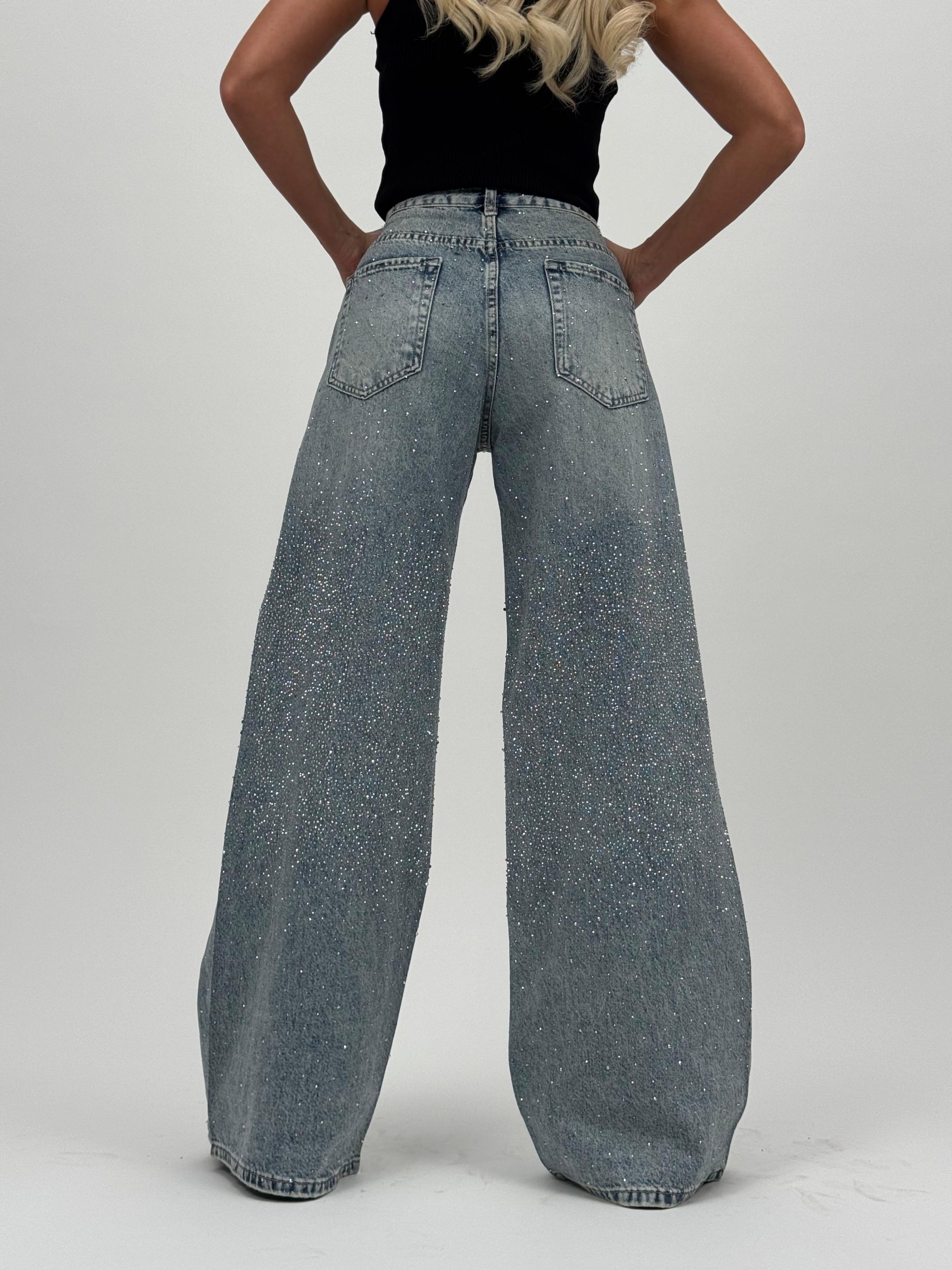Jeans | Blug wide leg bleu cu ștrasuri