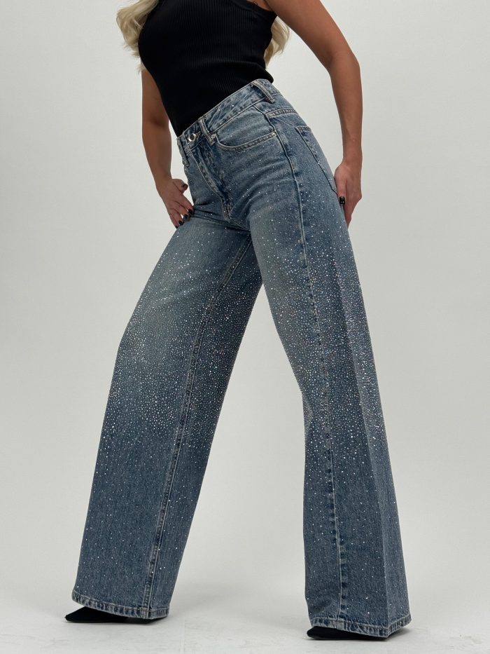 Jeans | Blug wide leg albastru cu ștrasuri