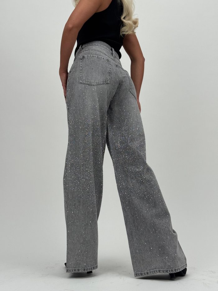Jeans | Blug wide leg gri cu ștrasuri