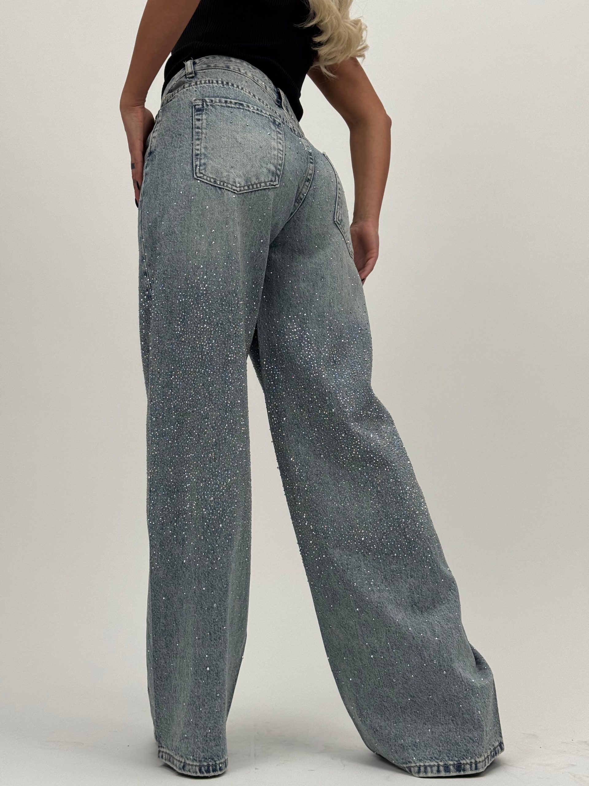 Jeans | Blug wide leg bleu cu ștrasuri