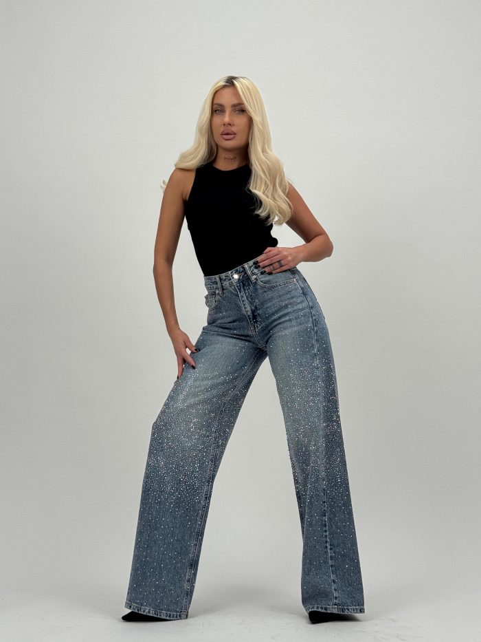 Jeans | Blug wide leg albastru cu ștrasuri