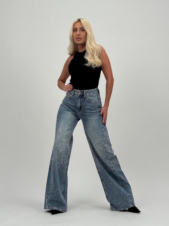 Jeans | Blug wide leg albastru cu ștrasuri