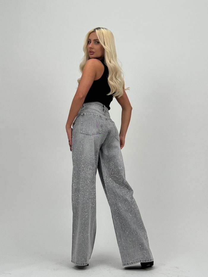Jeans | Blug wide leg gri cu ștrasuri